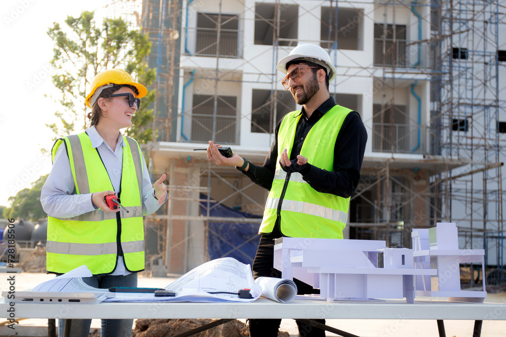 Team architect and builder talking and holding model house at ...
