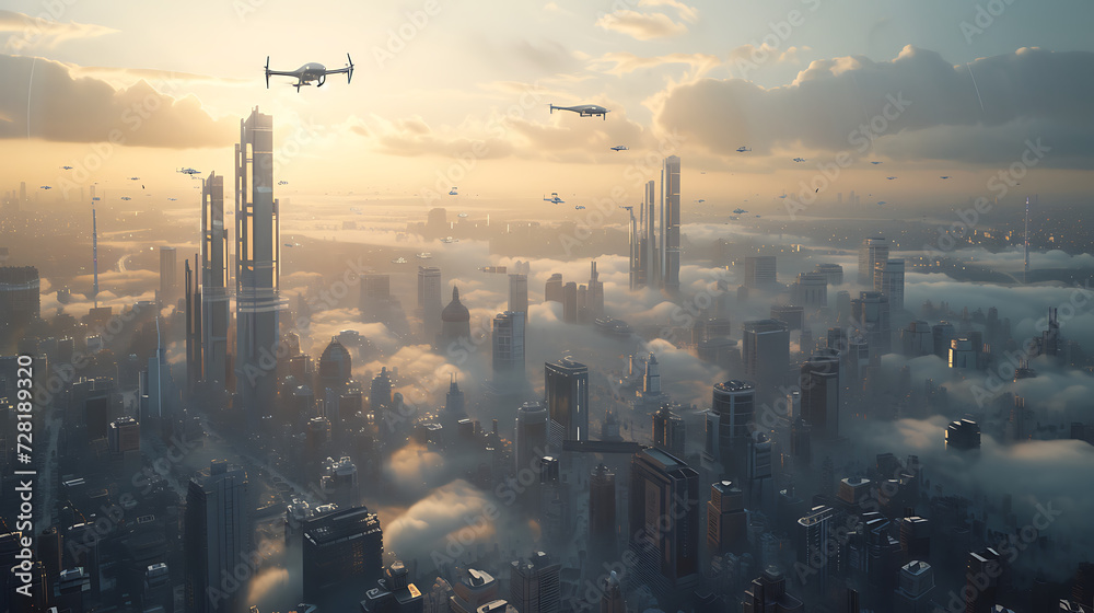 Uma impressionante linha do horizonte da cidade do futuro adornada com ...