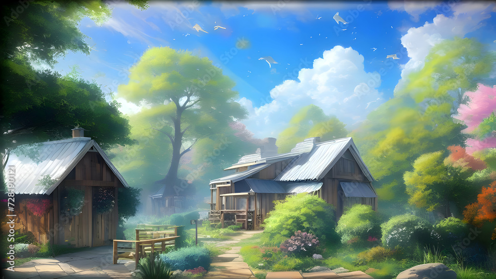 House, country side, art, painting, water color painting, house in wood ...