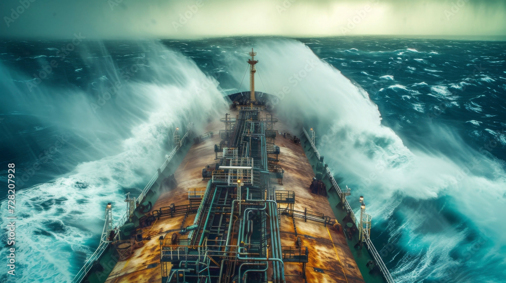 This dramatic image shows a tanker ship navigating through rough seas ...
