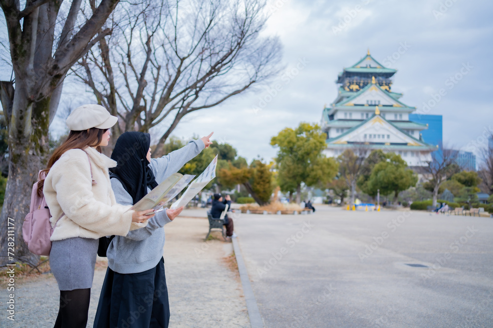 Travel, muslim travel, woman girl tourist Two Asian friends but ...