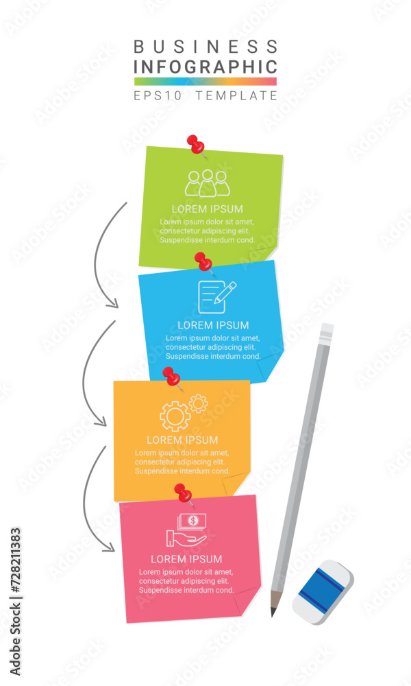 4 steps infographic concept of colorful stick note paper with red pins ...