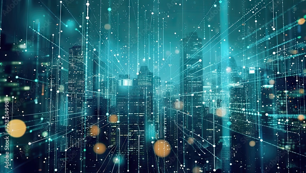 Futuristic cityscape illuminated with digital technology and neon ...