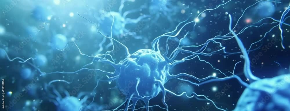 Abstract neural network concept with luminescent blue neuron cells interconnected by glowing ...