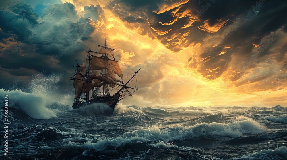 Foto de An old sailing ship is battling tumultuous sea waves during a ...