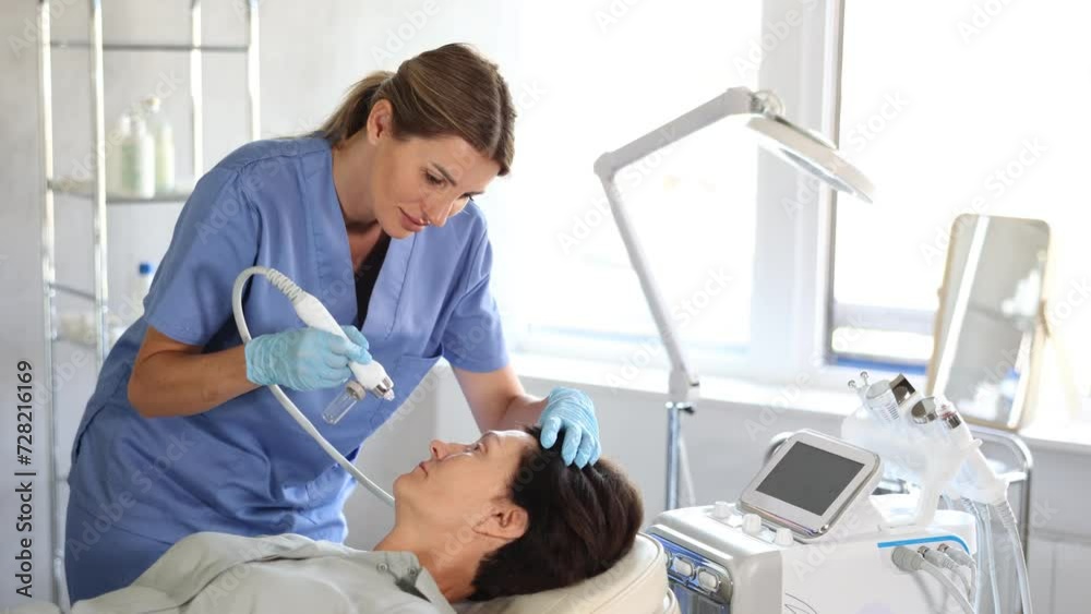 Focused professional female cosmetologist performing hardware procedure ...