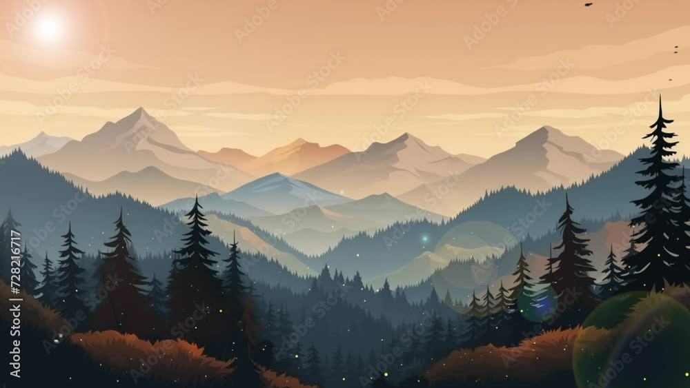 realistic mountains landscape morning wood panorama. seamless looping ...