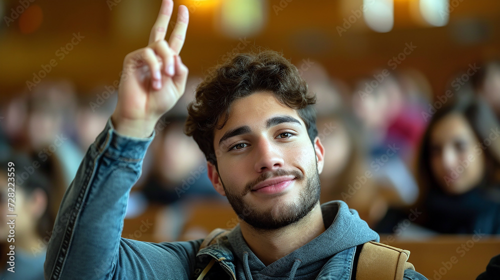 Front view of student sitting and raising one hand in the classroom ...