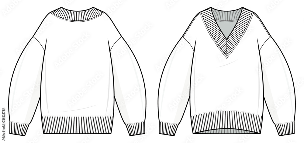 Classic V Neck Sweater technical fashion illustration. Sweater vector ...