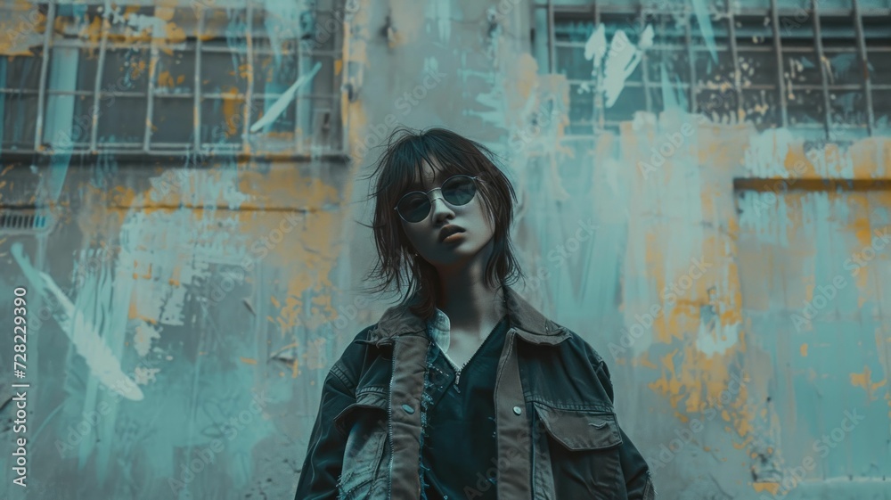 virtual influencer is depicted in a portrait, wearing grungy, layered ...