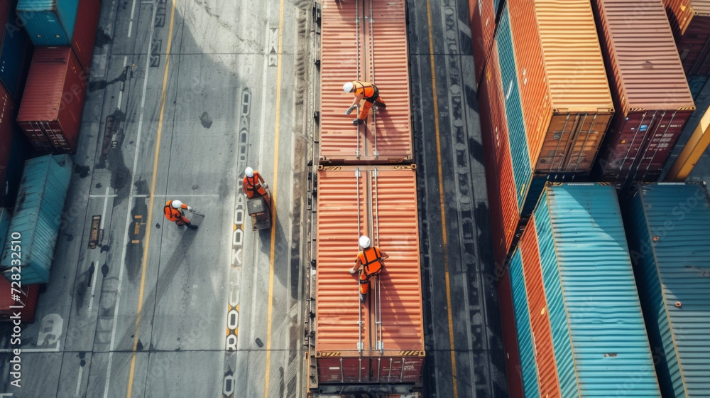 A team of workers is carefully loading and securing containers onto a ...