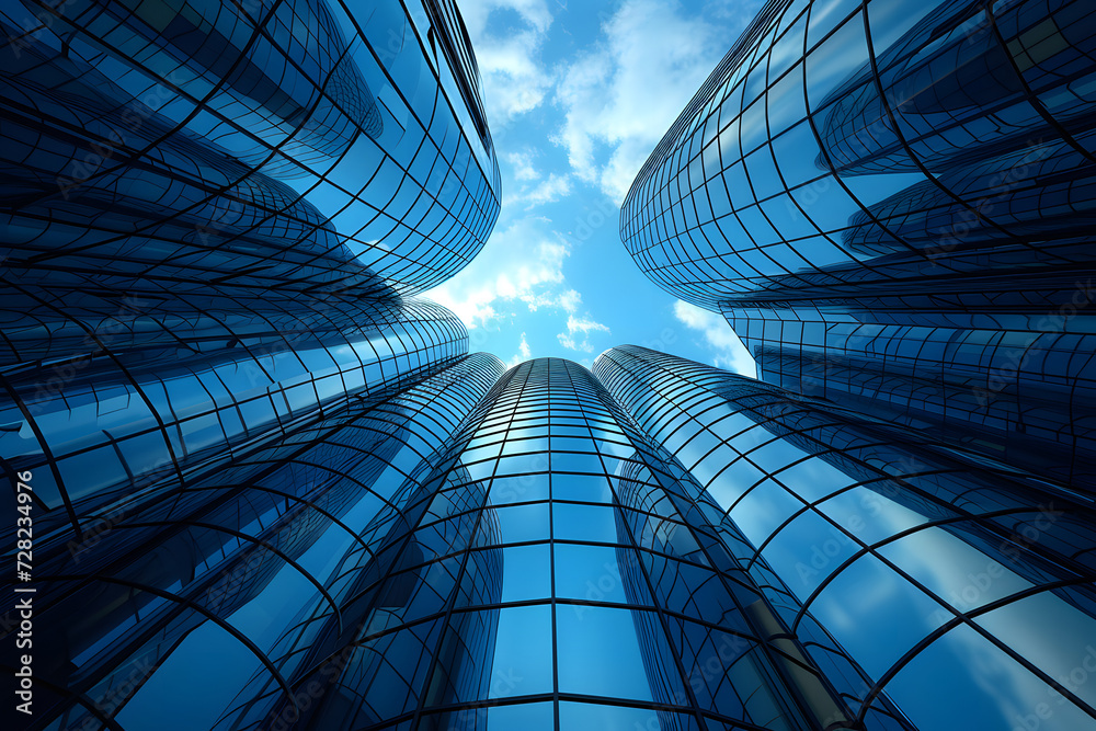 Business office towers rise against a bright blue sky, creating dynamic landscapes with detailed ...