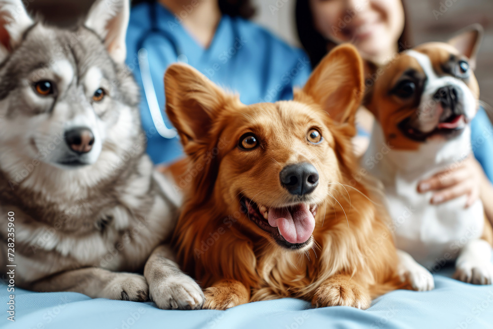 Veterinarian giving a check-up to a diverse group of pets in a modern ...