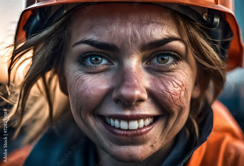 a female oil rig worker or construction worker dirty from a long days ...