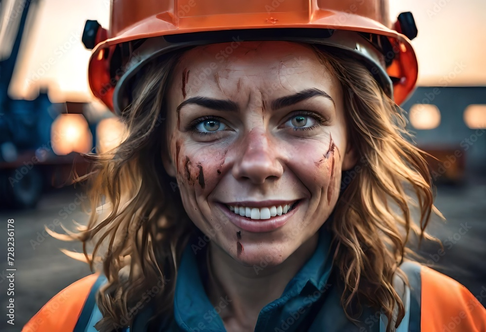 a female oil rig worker or construction worker dirty from a long days ...