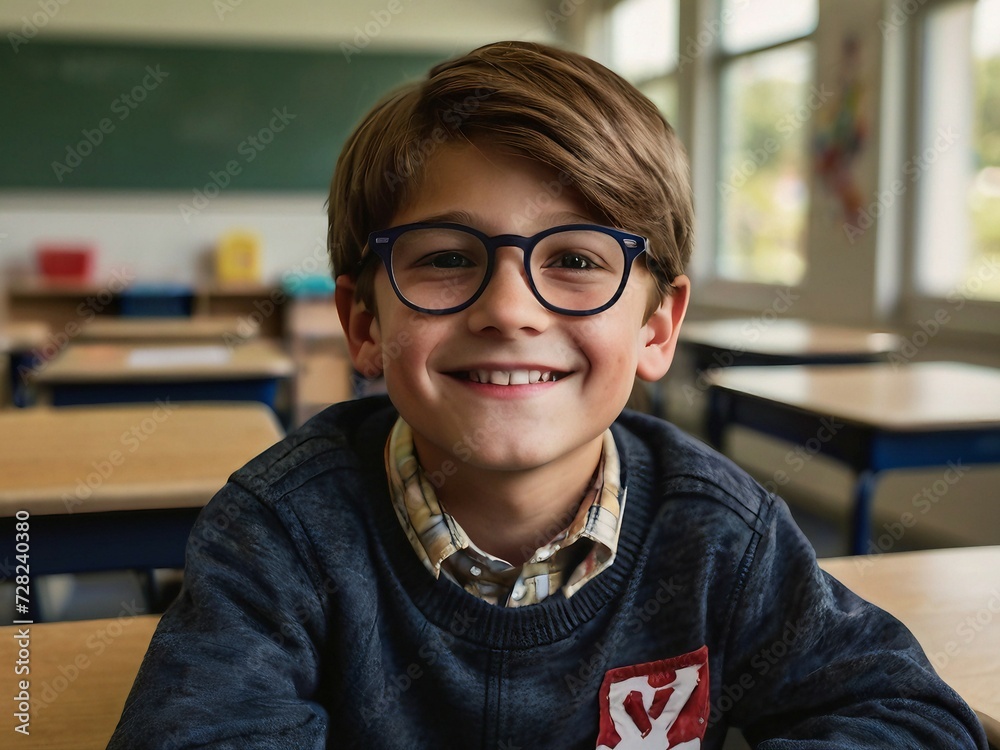 Smiley face an American schoolboy sitting in the classroom, confident ...