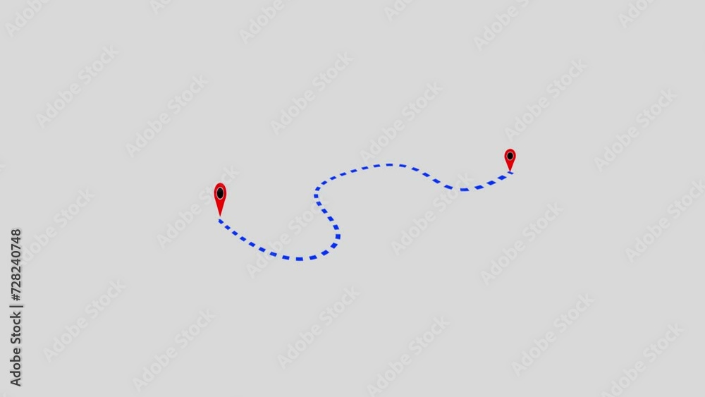 Two location pins connected by a dashed line animated on background ...