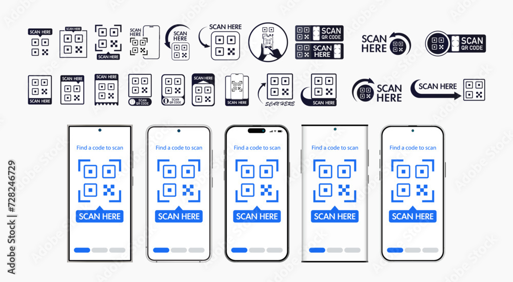 Different types of smartphones with QR code. Verification concept for online shopping, shopping ...