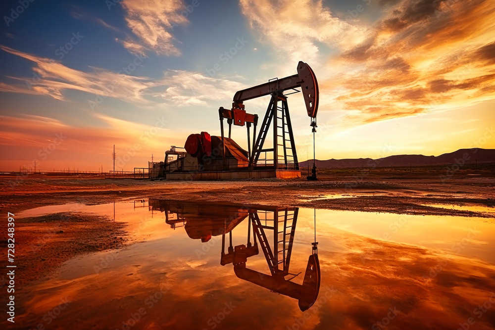 Drilling rigs in a desert oil field to extract fossil fuels and extract ...
