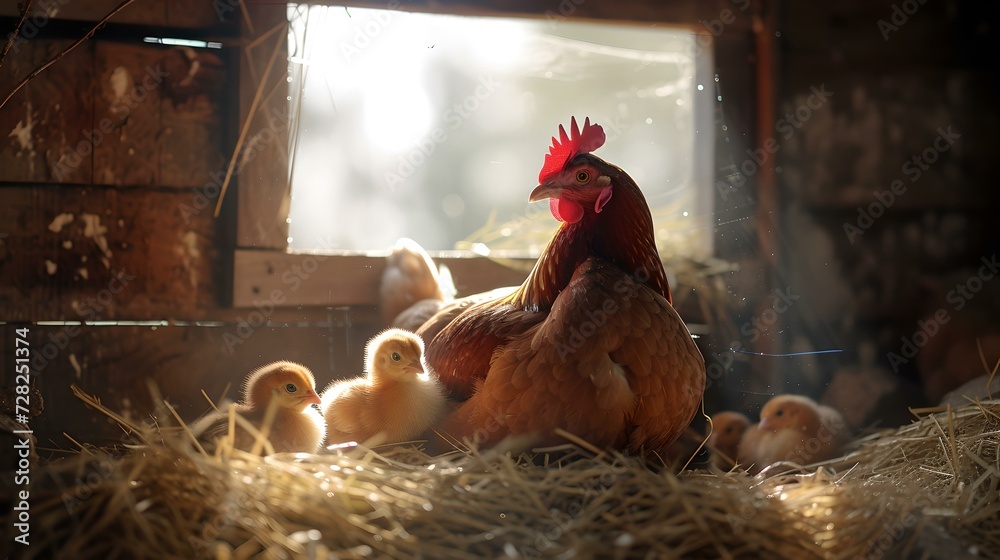 Serene barn scene with hen and chicks bathing in sunlight, country farm ...