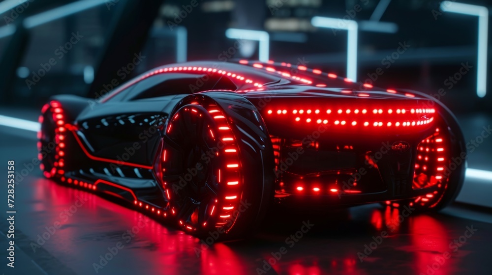 A closeup of a selfdriving car with glowing red LED lights on its front ...