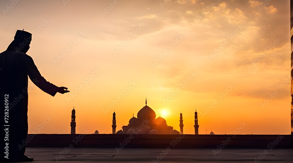 Silhouette Young muslim man honesty pray to God on sunset panoramic mosque background, concept ...