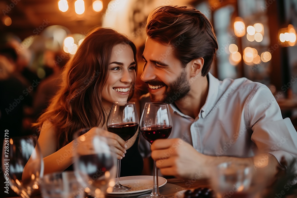 Couple Enjoying Red Wine in a Romantic, Dimly Lit Restaurant Setting ...