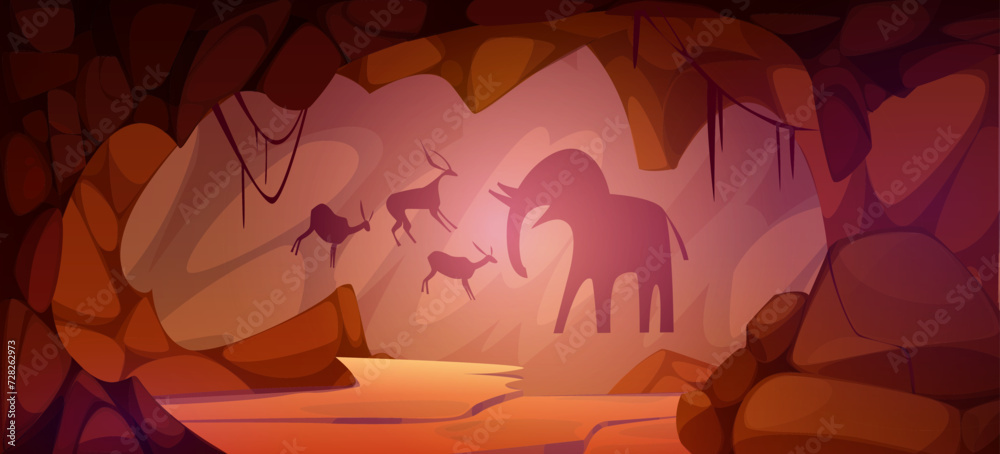 Prehistoric cave with animal drawings on wall. Vector cartoon ...