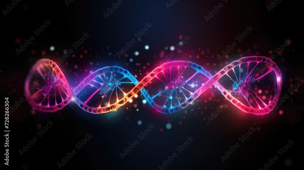 Pink-blue double strand of dna strands on a black background with neon ...