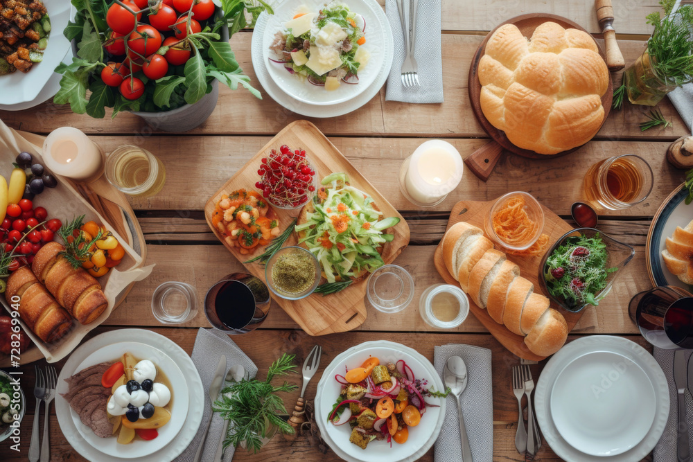 Full table of delicious Dinner party table European foods and drinks ...