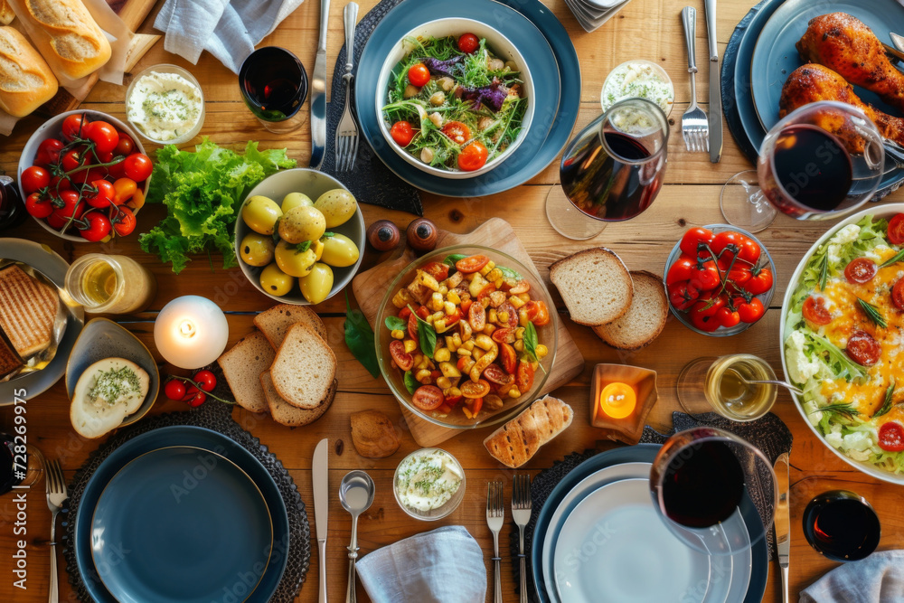 Full table of delicious Dinner party table European foods and drinks ...