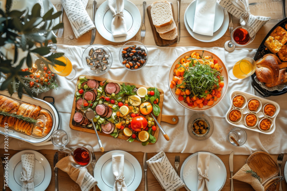 Full table of delicious Dinner party table European foods and drinks ...
