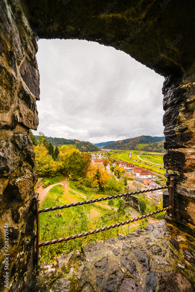 View of the town of Hausach from Husen Castle near Hausach. Landscape with a village in the ...