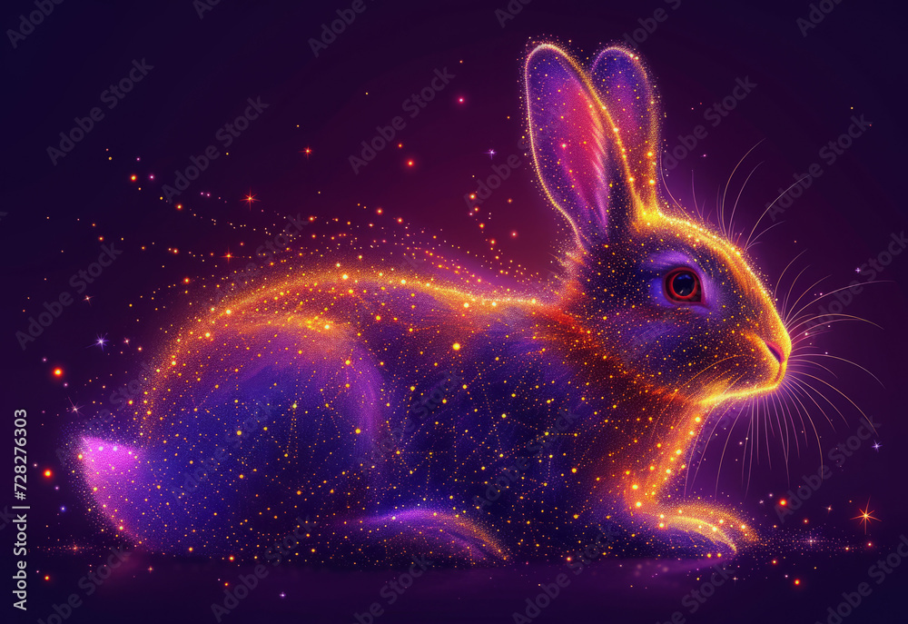 Easter bunny in shining neon lights and stars. Sparkling rabbit with ...