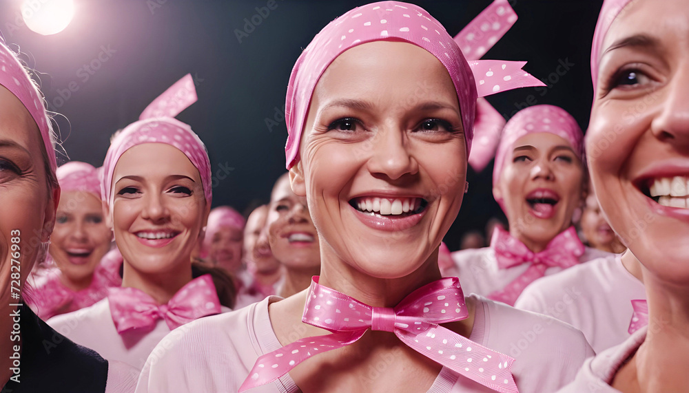 women with pink cancer ribon, faces showing smile in a high energy show ...