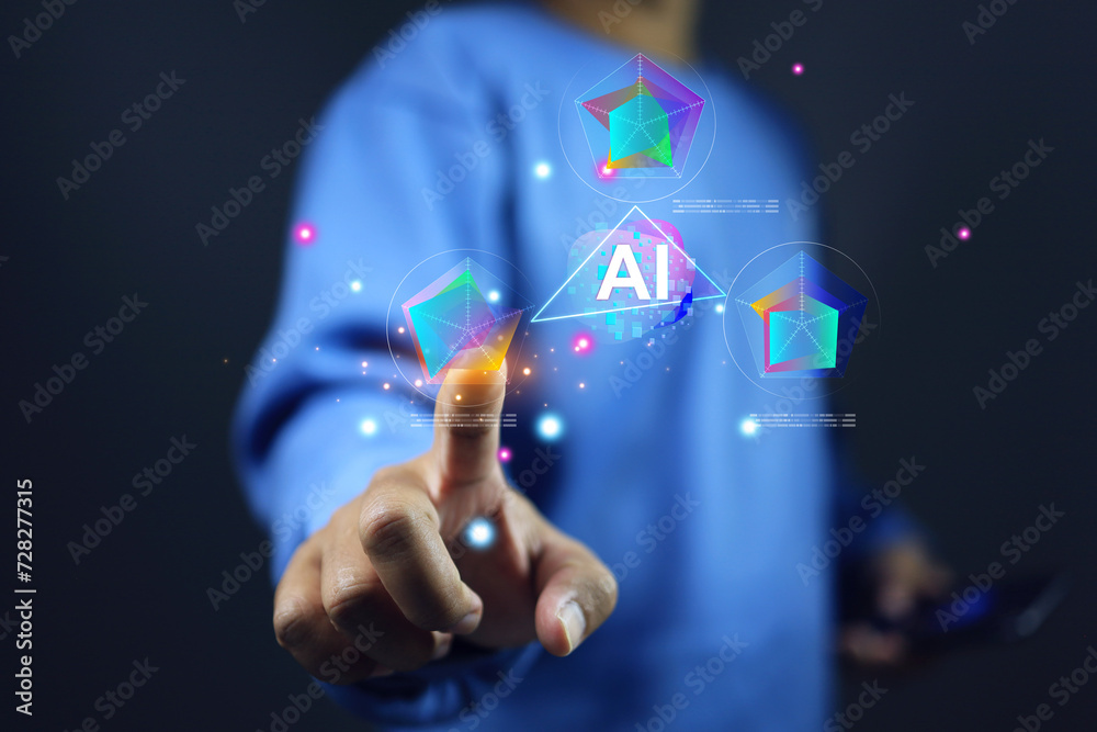 Information data analysis concept with man pointing on AI to command ...
