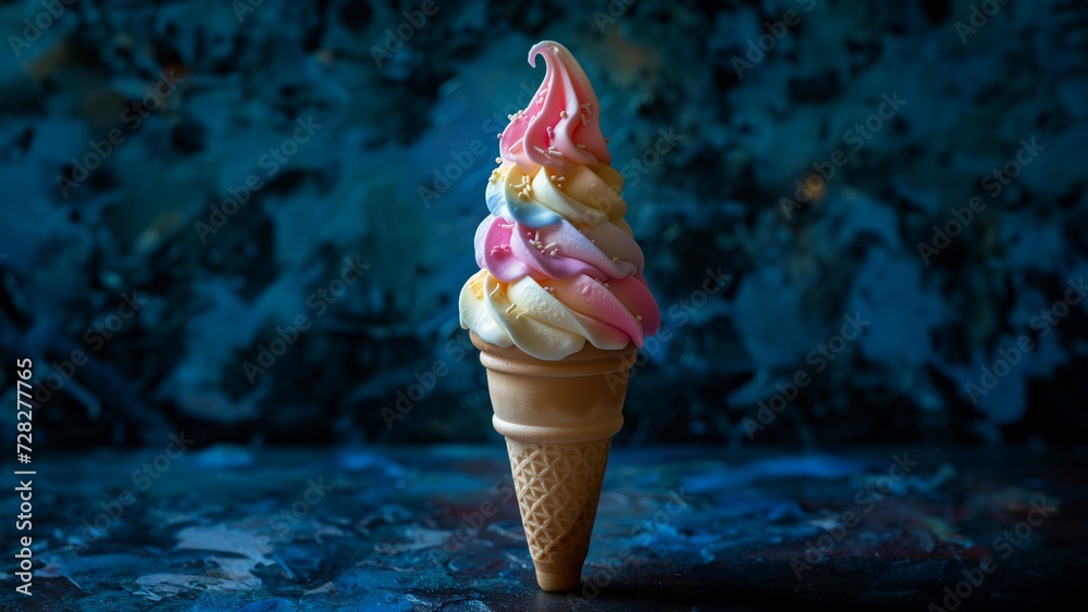 Softeis in der Waffel in Regenbogenfarben und blauen Hintergrund als ...