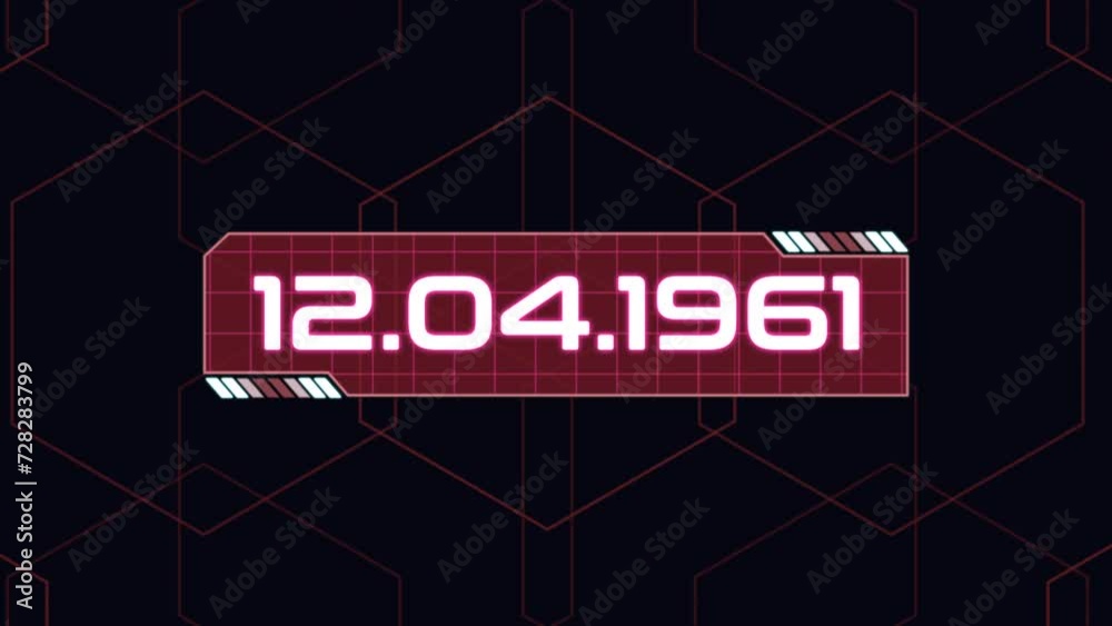 A futuristic neon sign displays 12.04.1961 date in a futuristic font ...