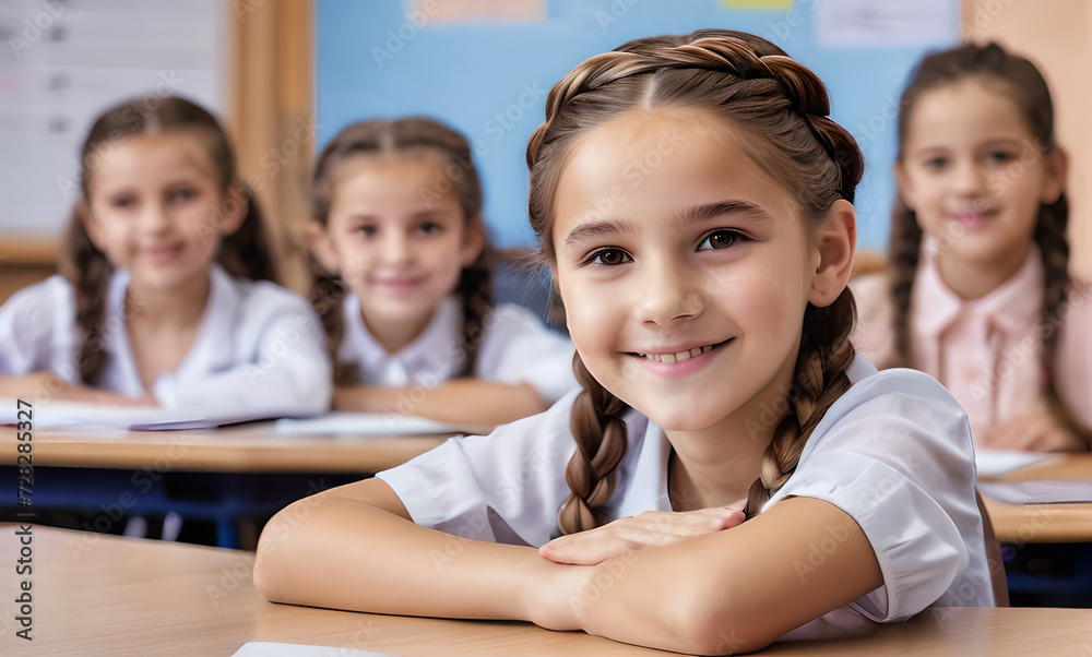 little girl portrait smile, face little schoolgirl, little student ...