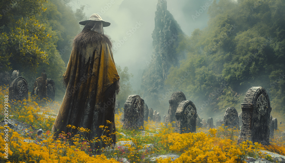 Druid in a Long, Dirty Yellow Robe and Hat on an Abandoned Celtic ...