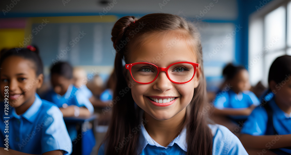 little girl portrait smile, face little schoolgirl, little student ...