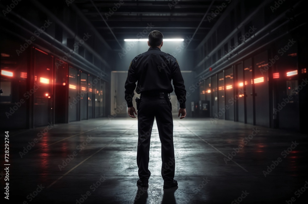 Security Guard Standing Outside a Building, Flashlight in Hand, in the ...