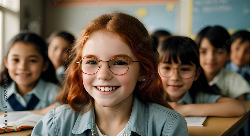 little girl portrait smile, face little schoolgirl, little student ...