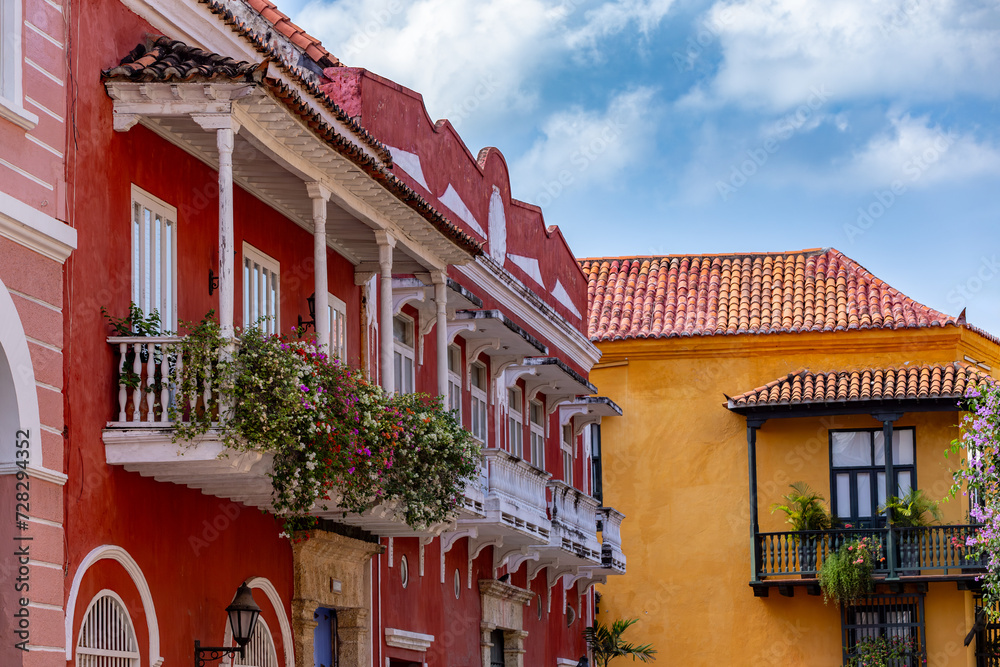 Beautiful building in historic city Cartagena de Indias with beautiful ...