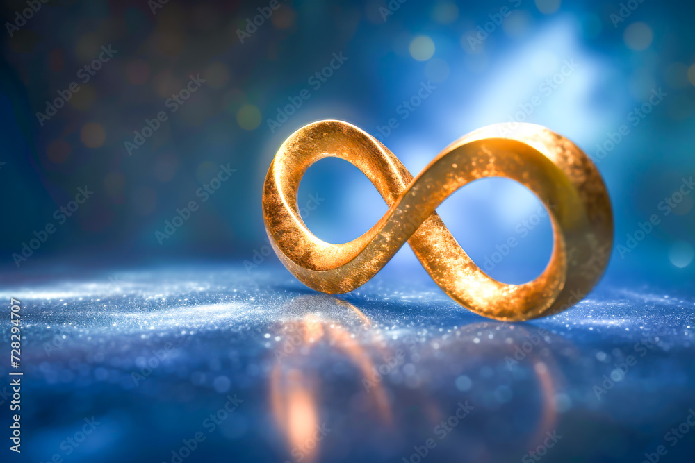 Golden infinity symbol sign on glowing blue space background. World ...