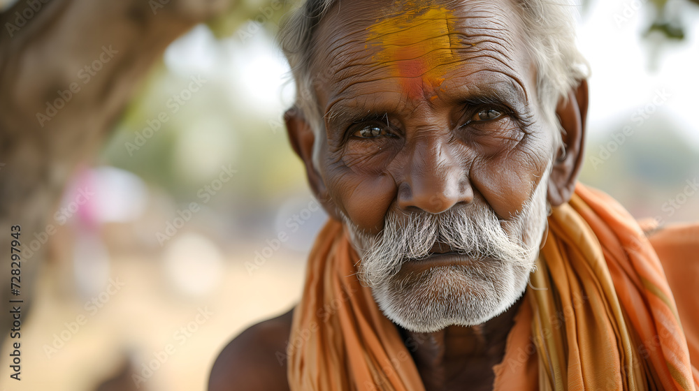 Elderly Indian Man with Traditional Orange Turban and Sacred Mark on ...