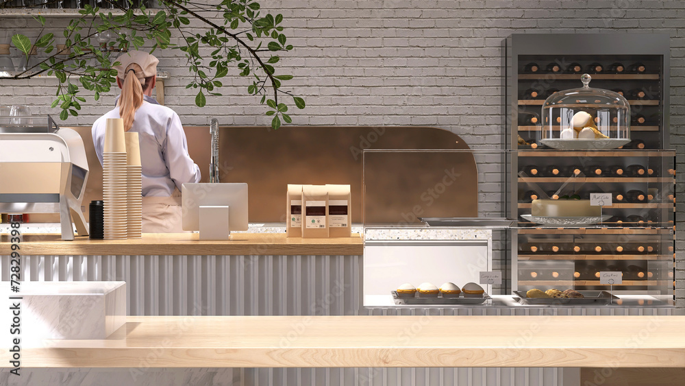Wooden countertop counter in modern loft, white brick wall coffee shop ...