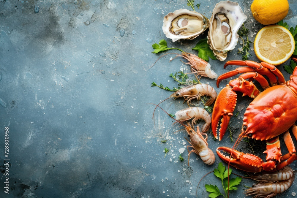 Top view of various crustaceans and seafood such as a crab, shrimps ...