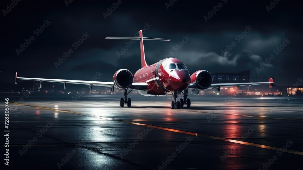 Nocturnal Red Jet Ready for Takeoff on Rainy Runway Cityscape ...