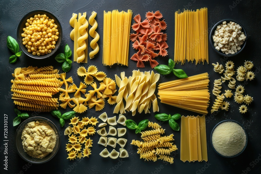 Layout of Italian raw pasta, top view, different types and shapes of ...